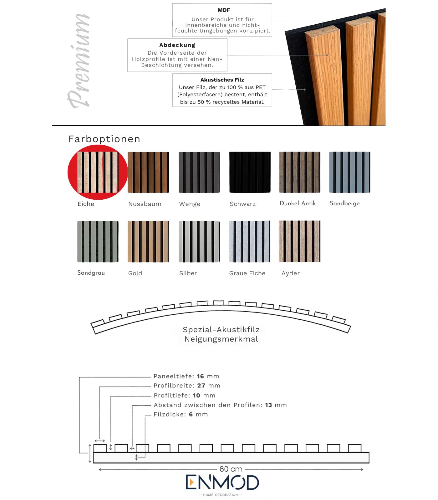 Akupanel Premium 280x60 cm Eiche Akustik Wandpaneel | ENMOD